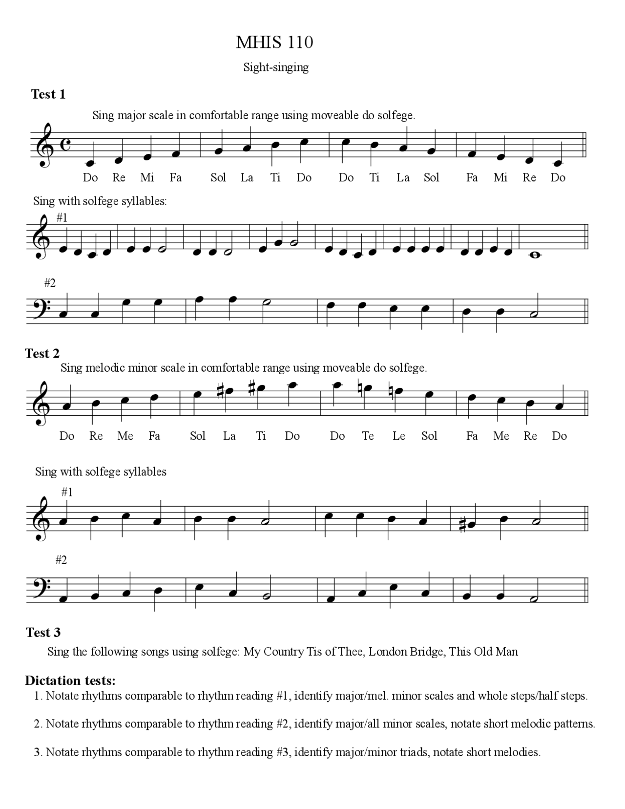 Test On Sight Singing Elements Of Music Mhis 110 Docsity