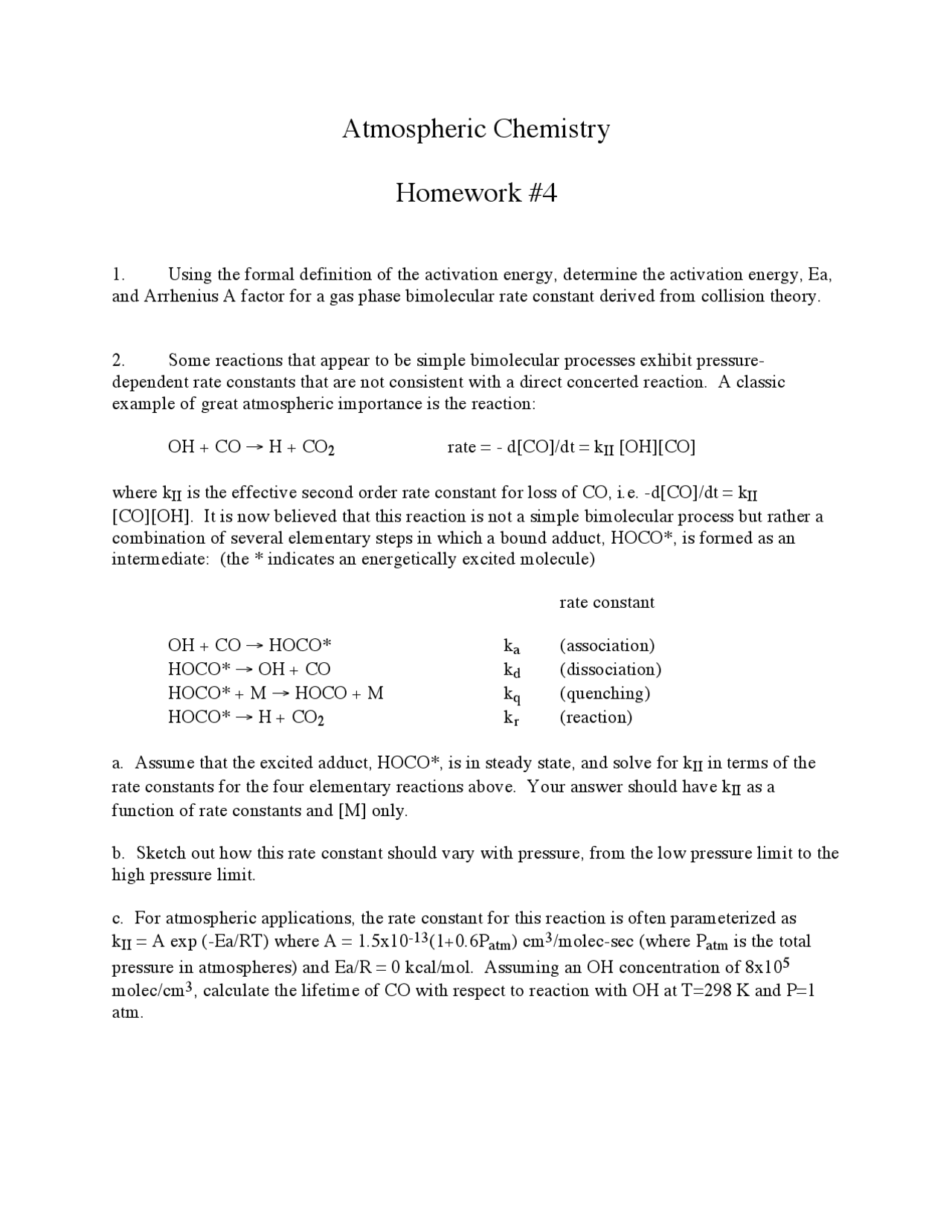 Homework Iv Questions Atmospheric Chemistry Chem 5151 Docsity