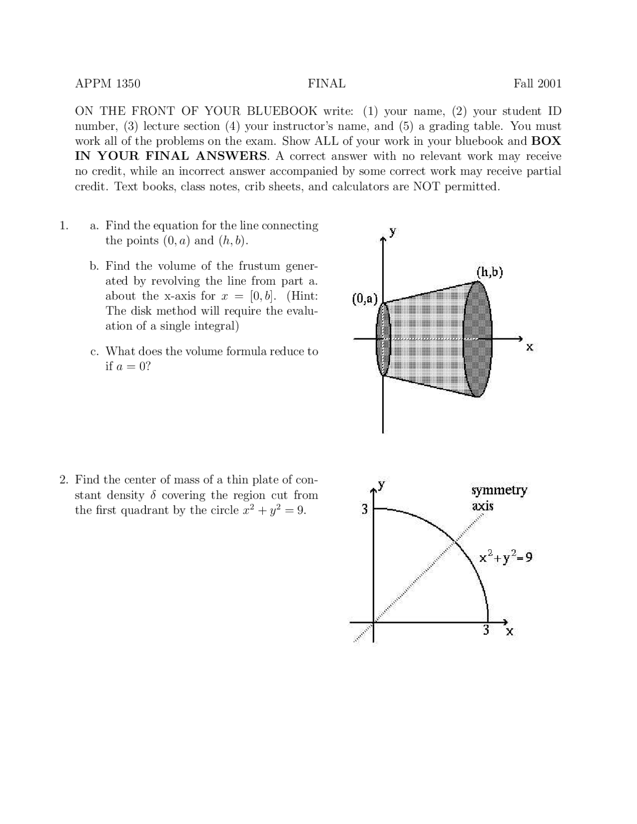 Past Final Exam Calculus 1 For Engineers Fall 2001 Appm 1350