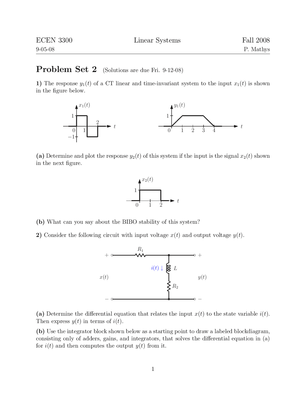 Problem Set 2 Linear Systems Fall 2008 Ecen 3300 Docsity