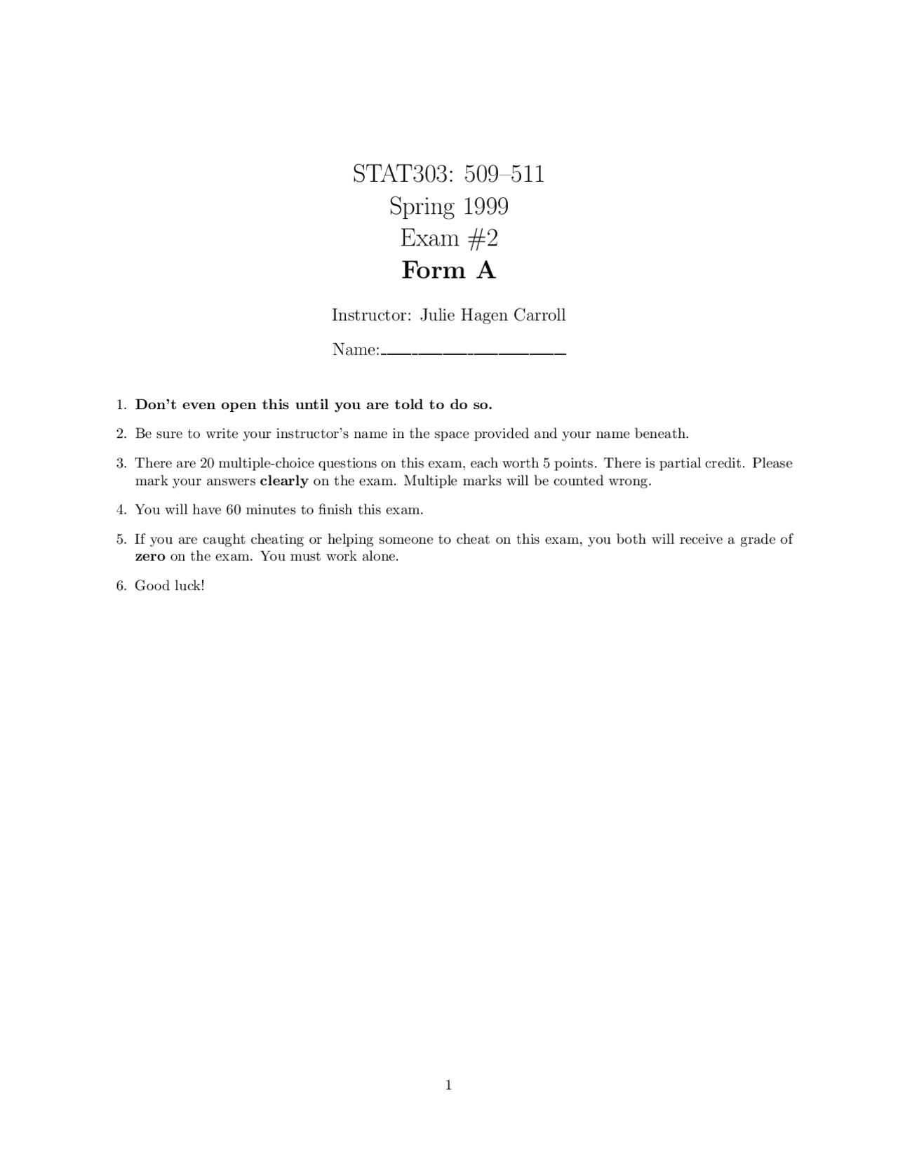 Exam 2 Form A Questions - Statistical Methods | STAT 303 - Docsity