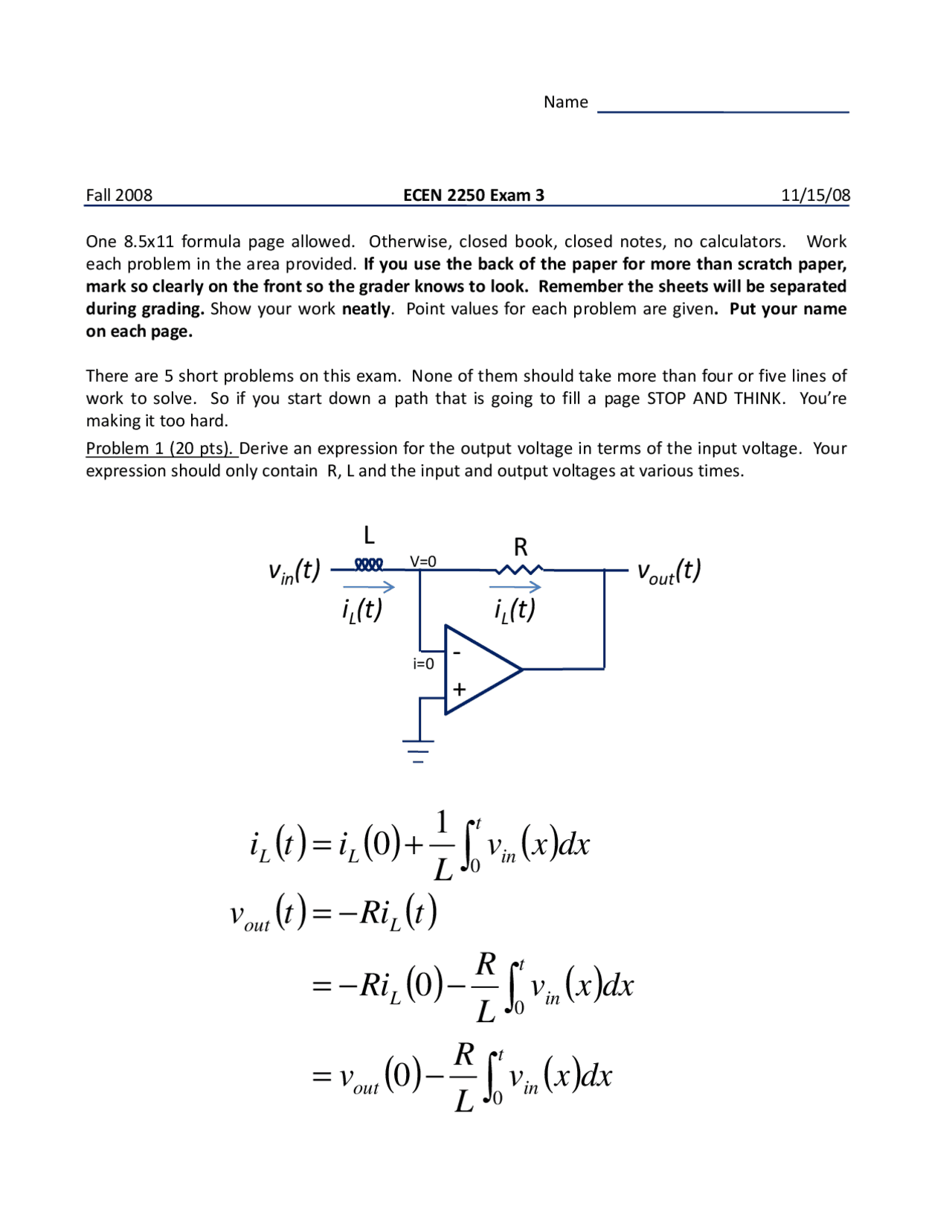 Exam 3 Solved Problems On Introduction To Circuits And Electronics Ecen 2250 Docsity