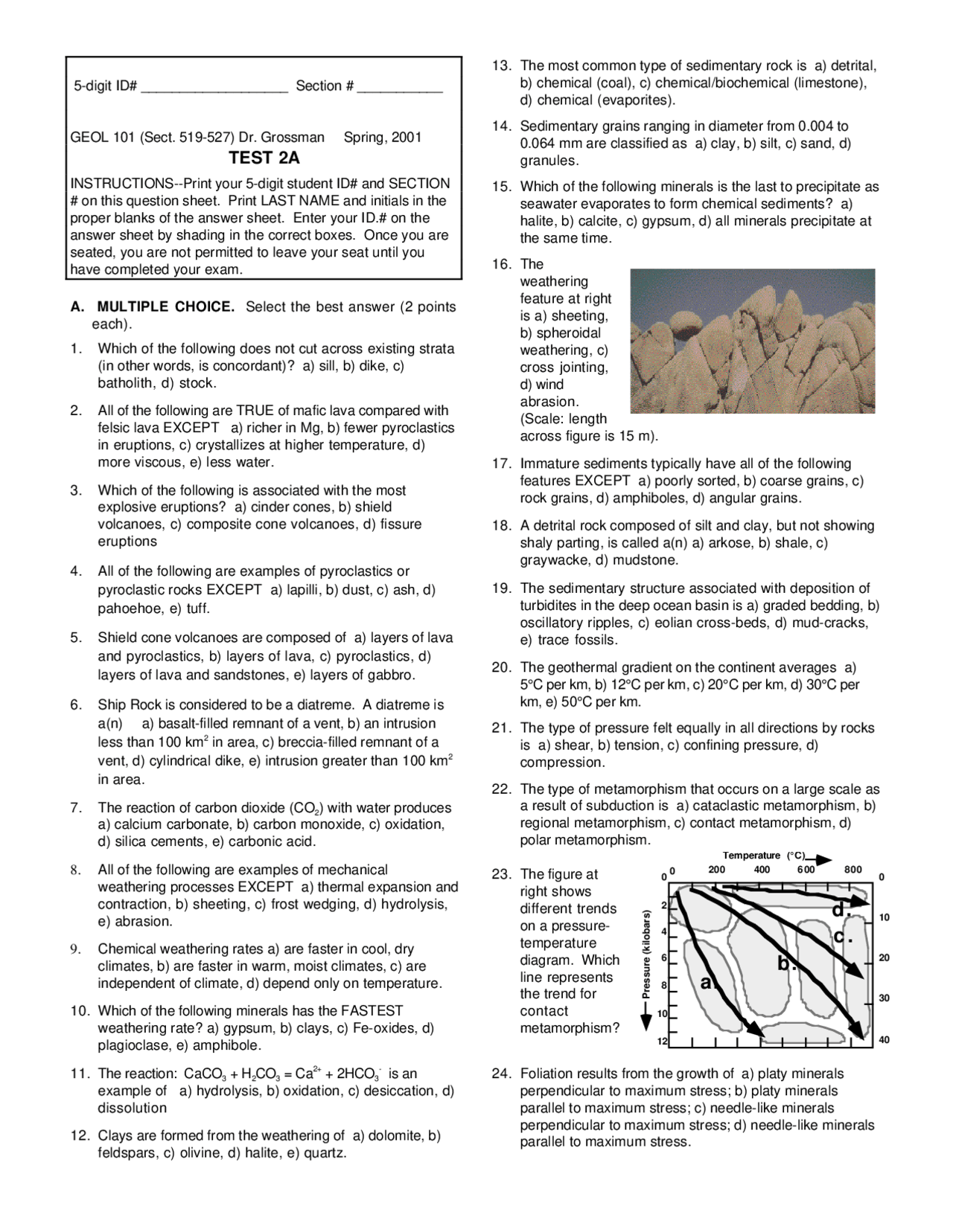 Test 2a Principles Of Geology Spring 2001 Geol 101 Docsity