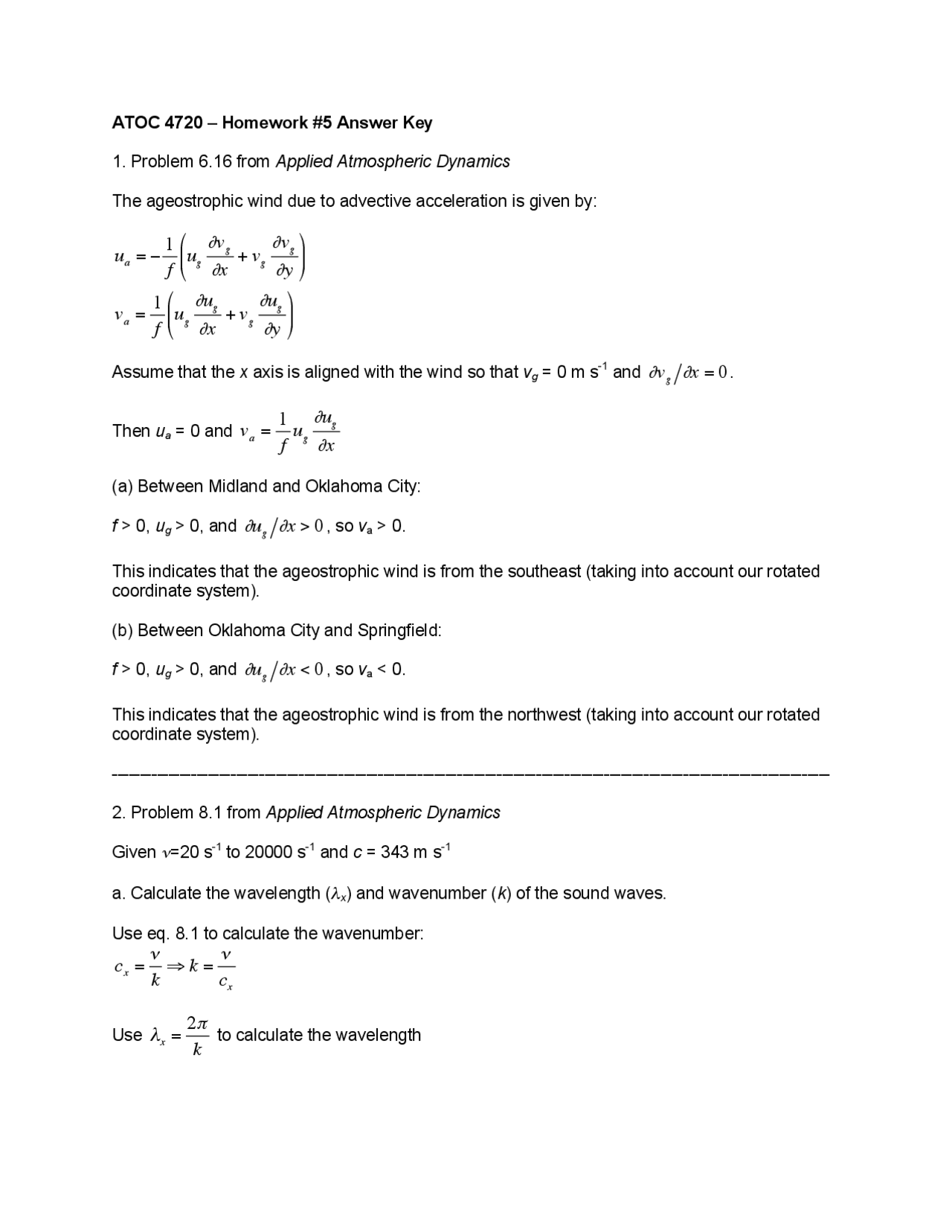 Answer To Homework 5 Questions Introduction To Atmospheric Dynamics