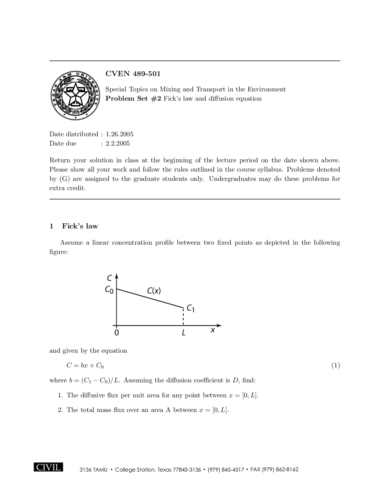 Ficks Law And Diffusion Equation Problem Set 2 Cven 489