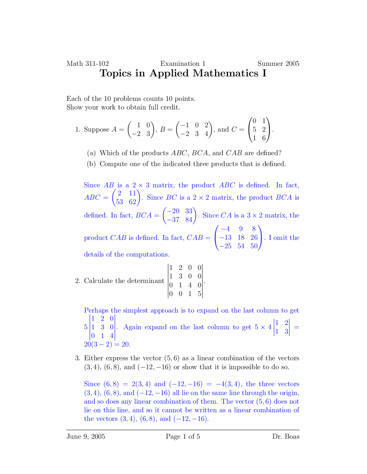 Topics In Applied Mathematics I Exam 1 Math 311 Docsity