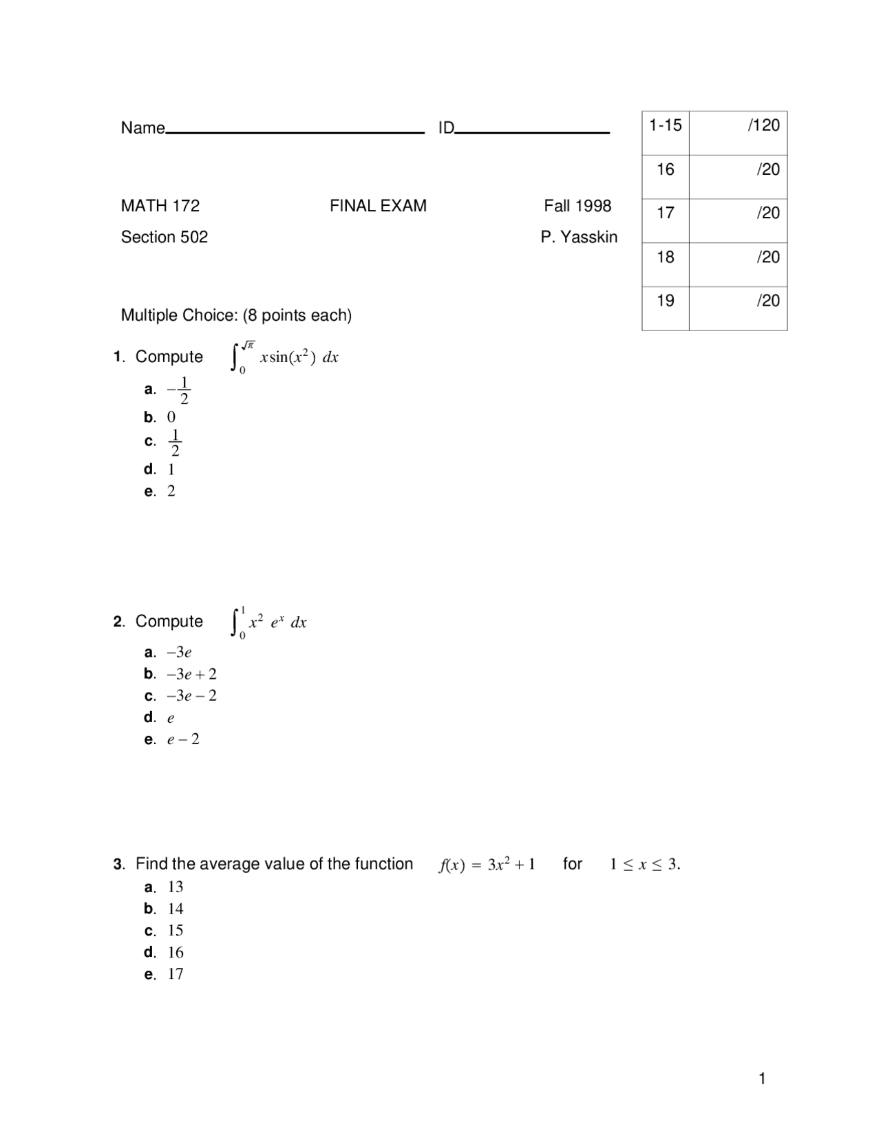 19 Mcqs Questions In Final Exam Honors Calculus Math 172 Docsity