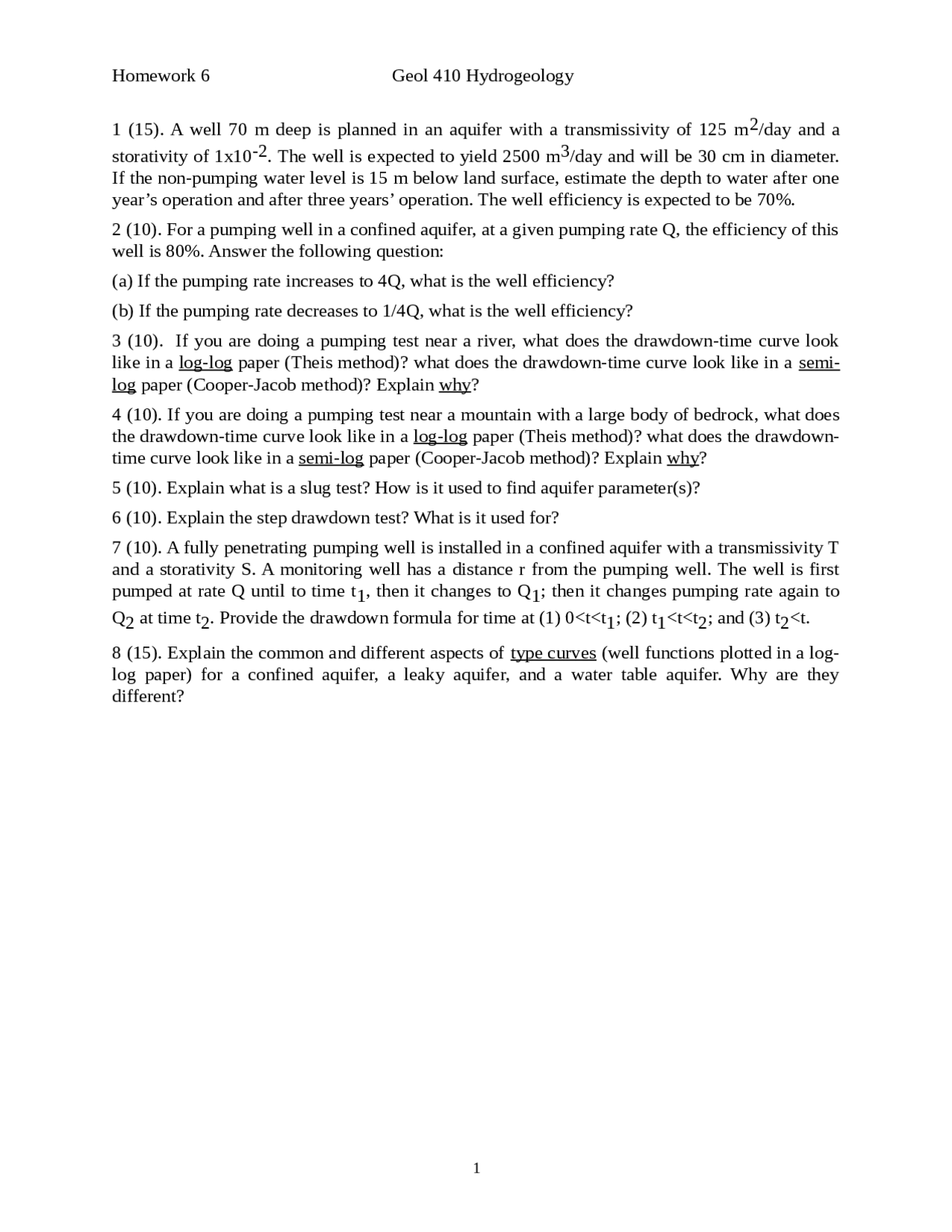 Homework Six Questions For Hydrogeology Geol 410 Docsity