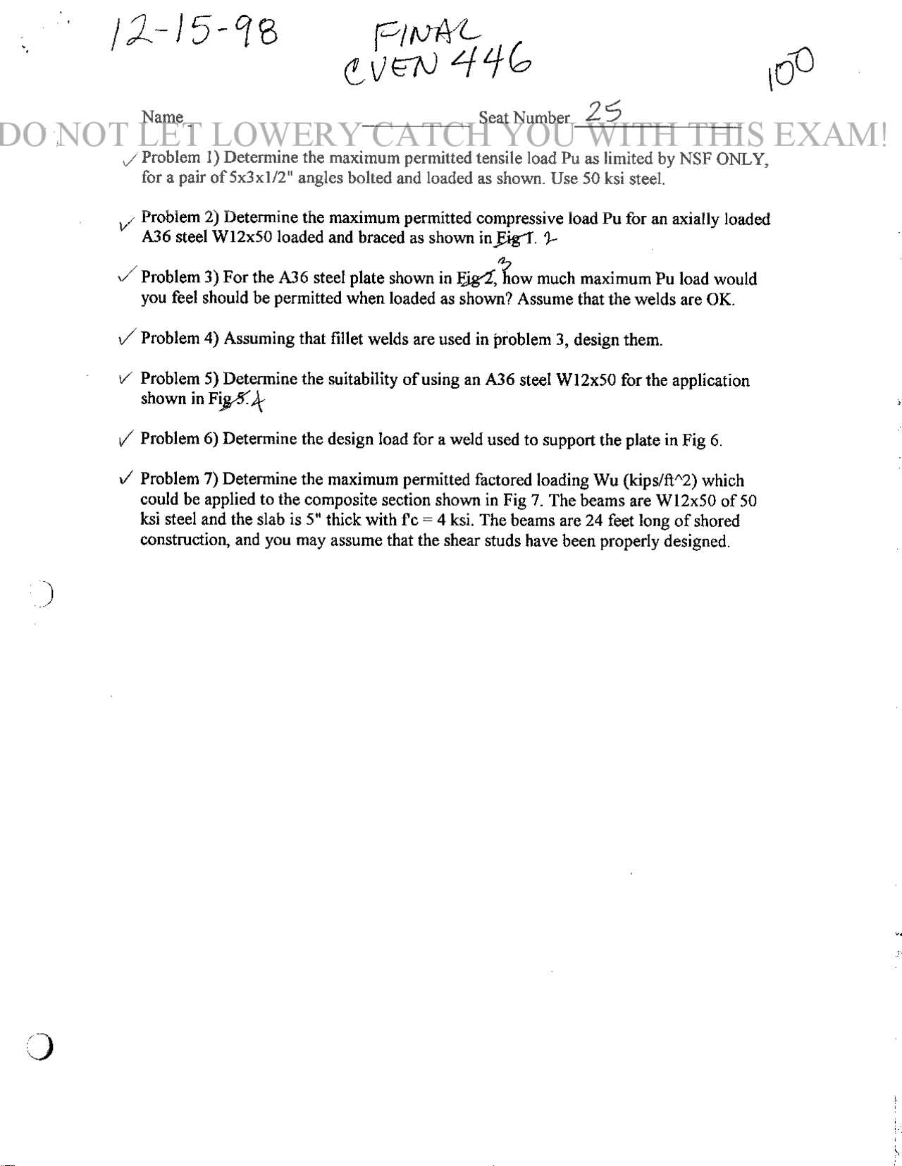 7 Problems On Structural Steel Design Final Exam Cven 446 Docsity