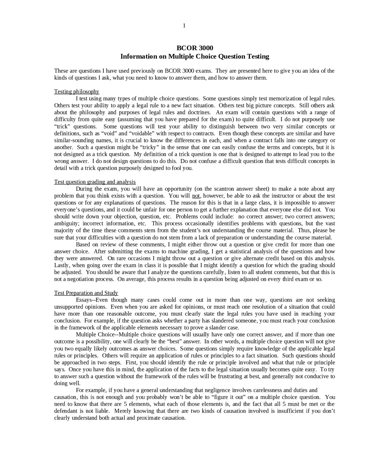 Information On Multiple Choice Questions Testing Bcor 3000 Docsity