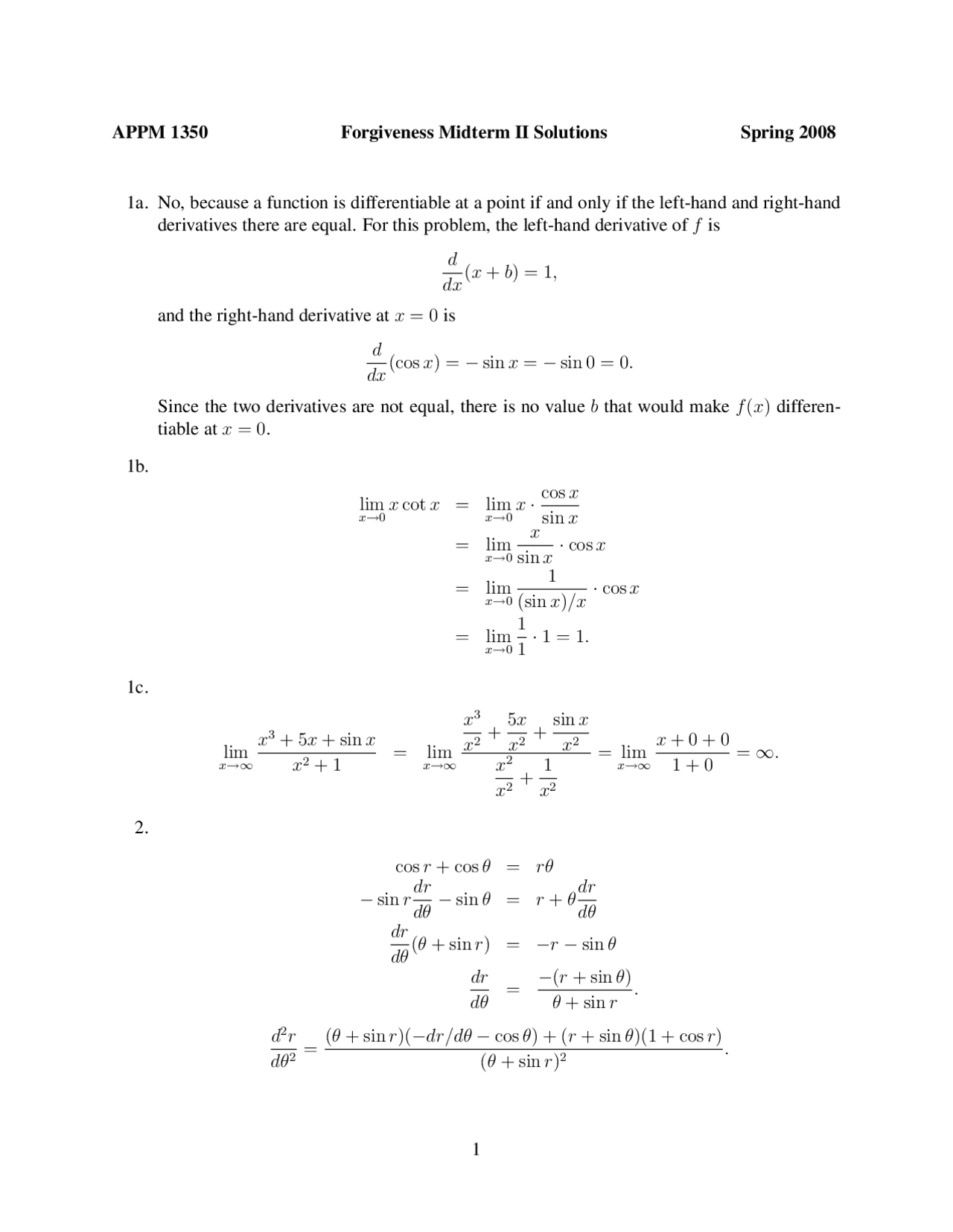 Calculus 1 For Engineers Midterm Exam 2 Solutions Appm 1350 Docsity
