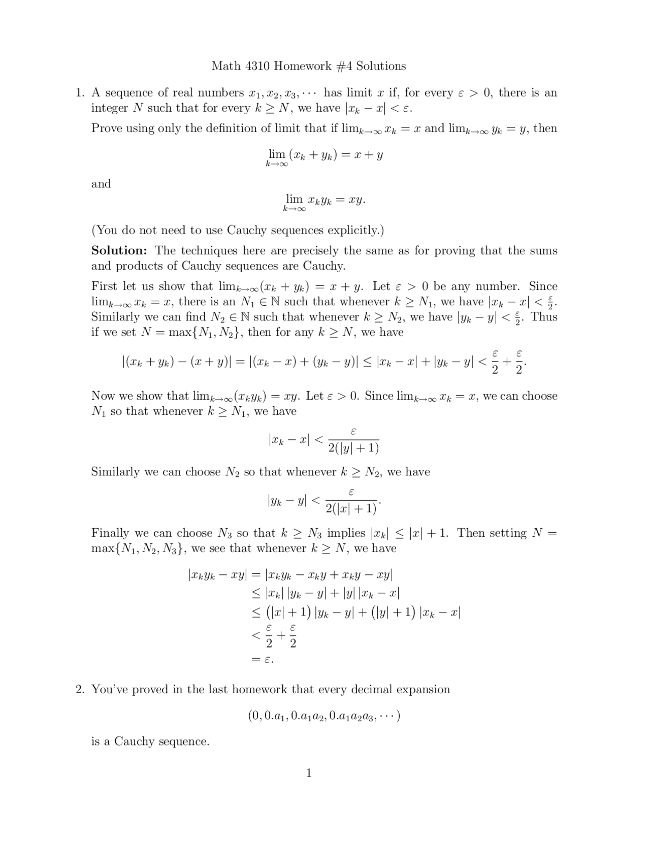 Solutions To Homework 4 Introduction To Analysis Math 4310 Docsity