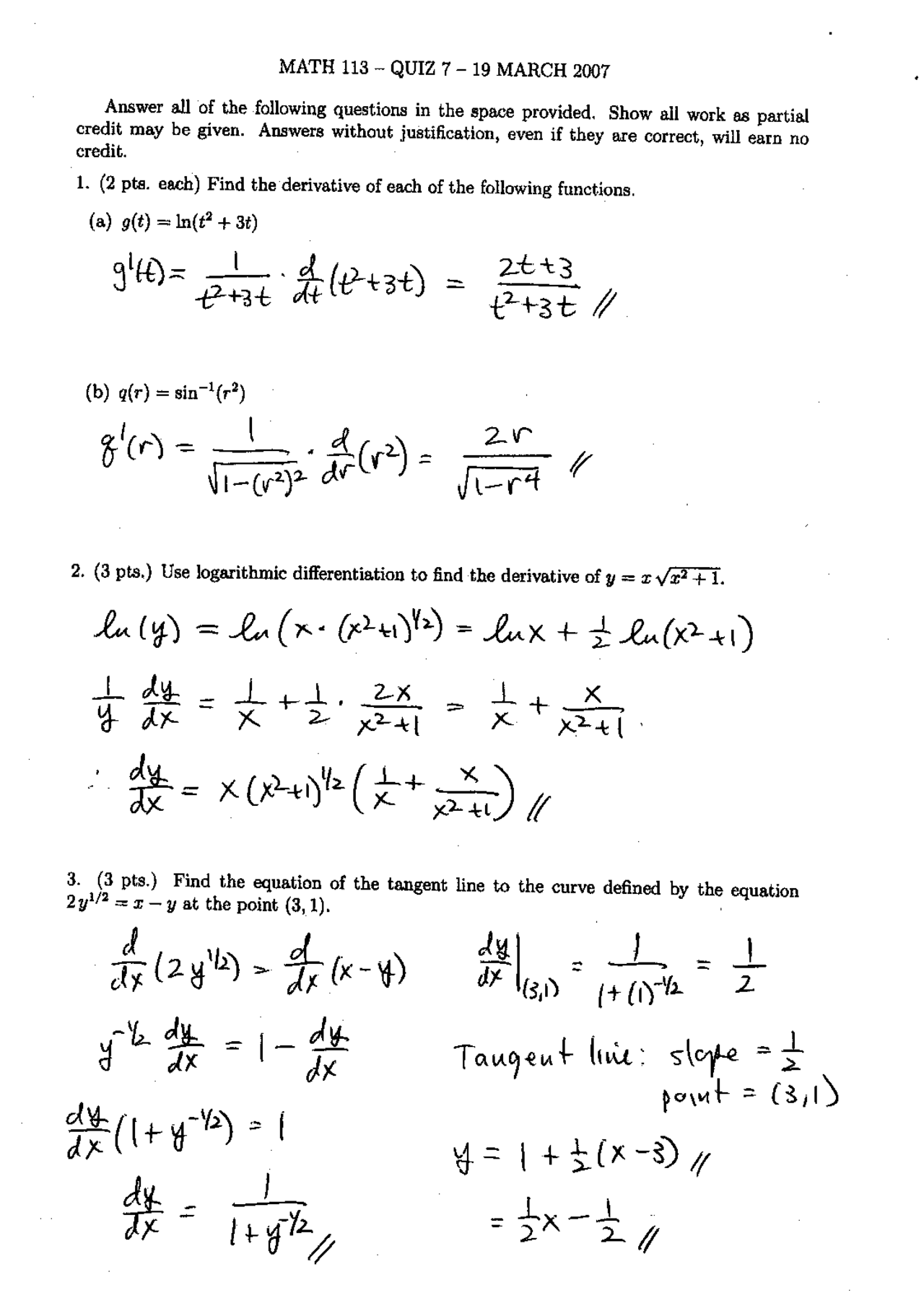 Solved Quiz For Recitation For Lecture 001 Math 113 Docsity