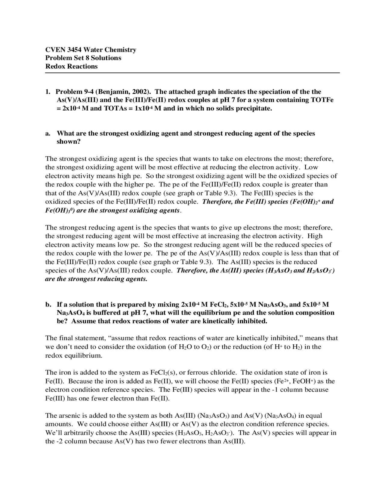 Water Chemistry Problem Set 8 Solutions Cven 3454 Docsity