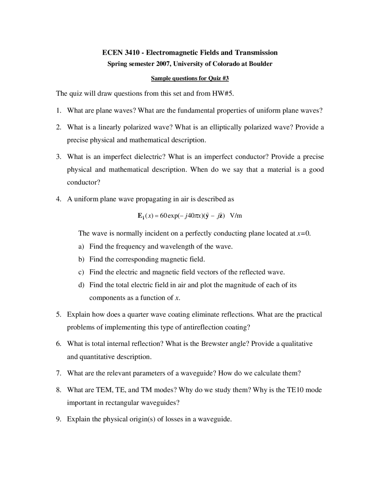 Sample Questions For Quiz 3 Electromagnetic Waves And Transmission