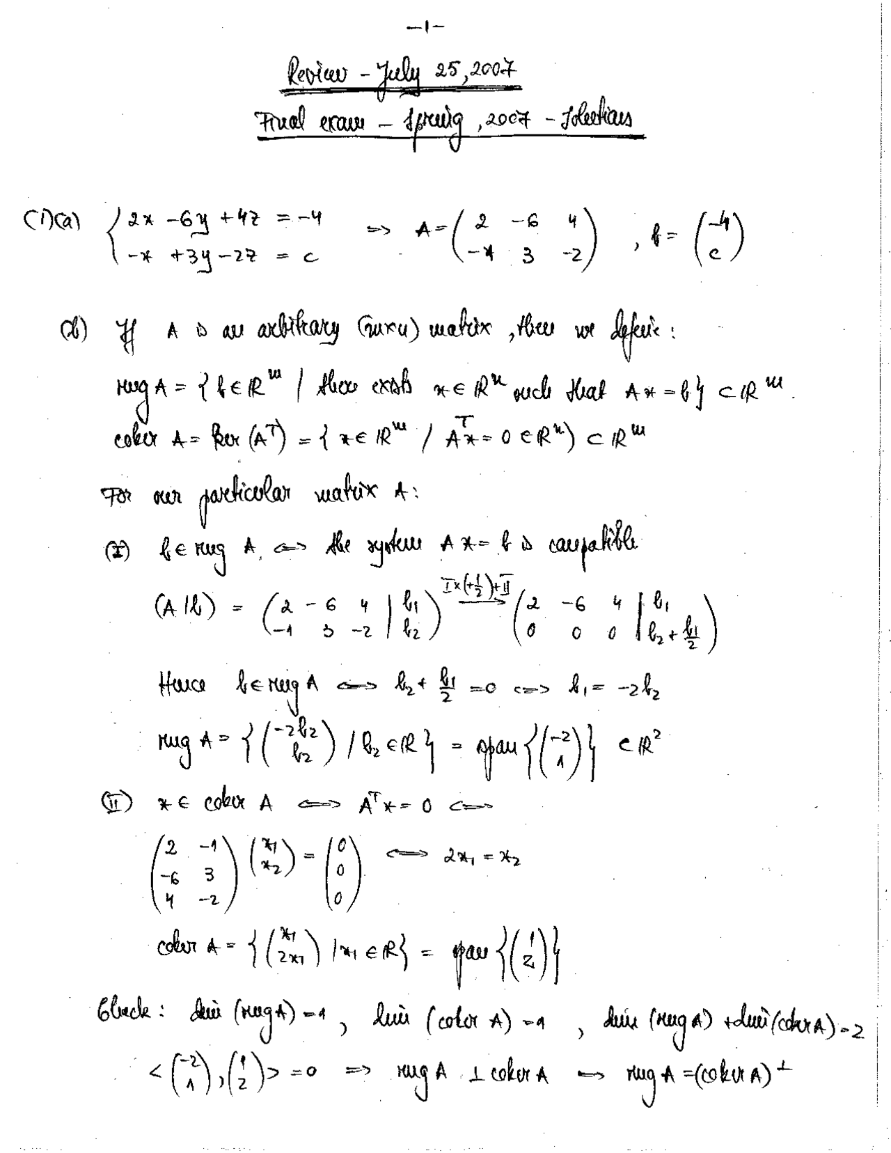 Review Sheet For Final Exam Matrix Methods And Applications Appm