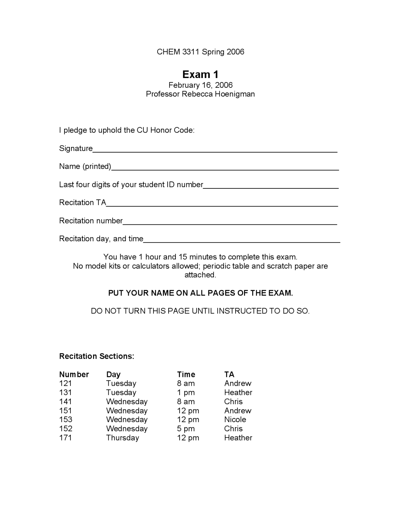 Sample Questions for Exam 1 - Organic Chemistry 1 - Spring 2006 | CHEM ...