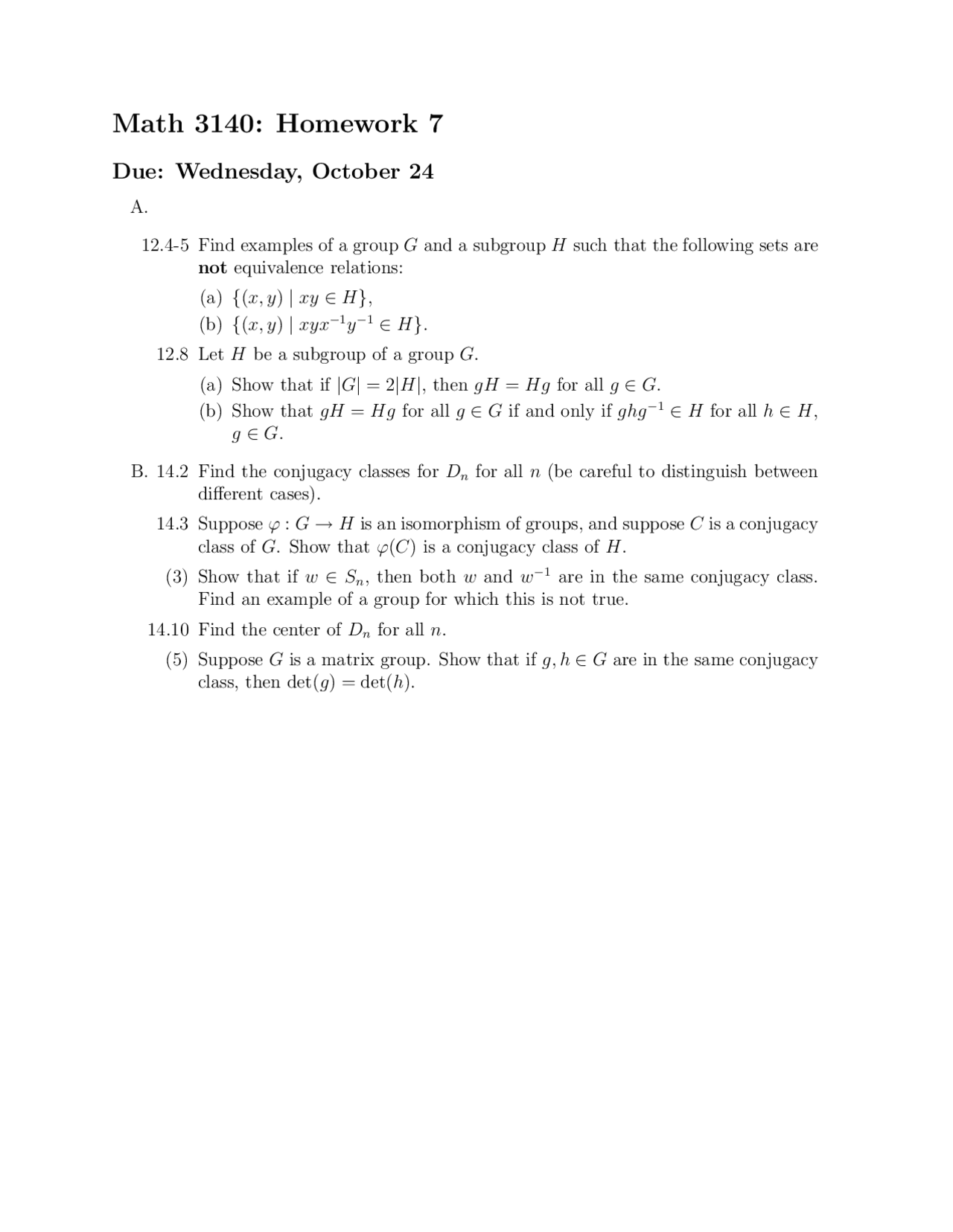 Assignment 7 With Questions Abstract Algebra I Math 3140 Docsity