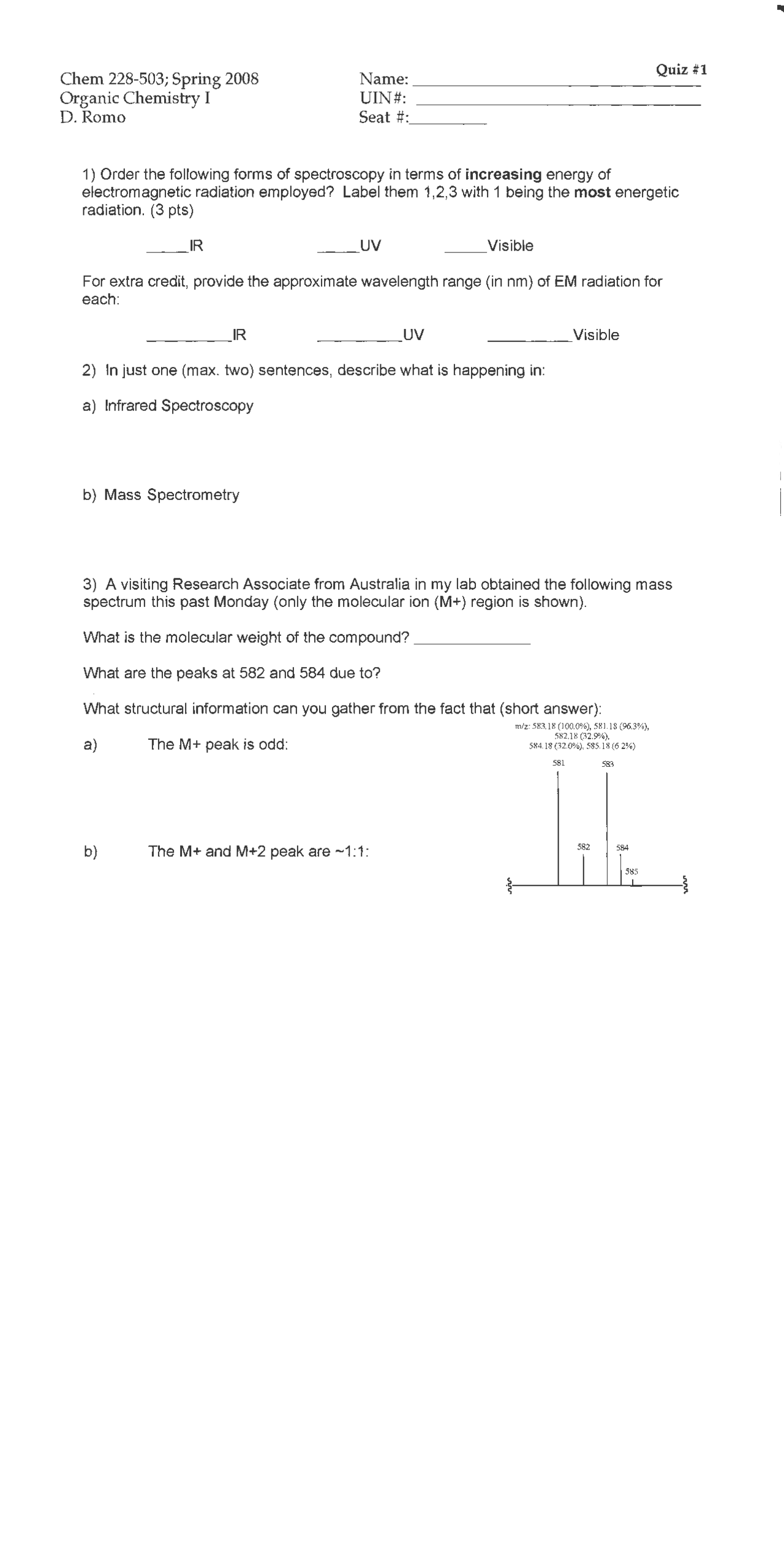 8 Questions In Organic Chemistry Ii Quiz 1 Chem 228 Docsity