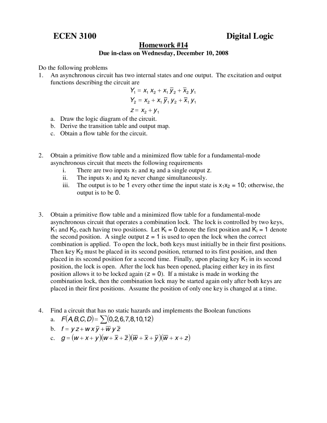 Practice Homework 14 Digital Logic Ecen 3100 Docsity