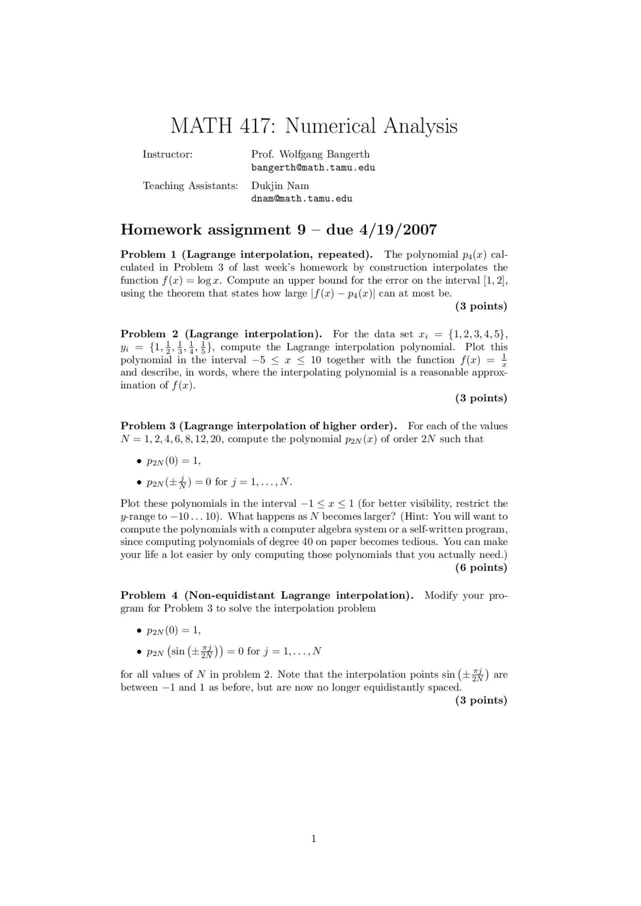 7 Problems For Assignment 9 Numerical Methods Math 417 Docsity