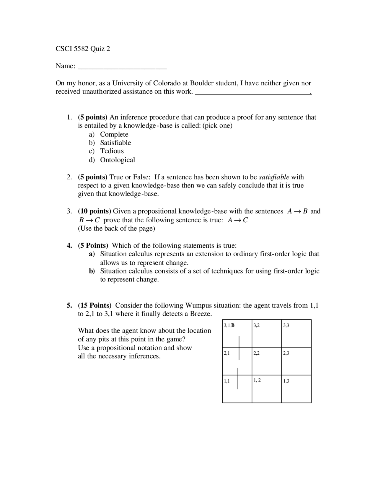 5 Questions On Artificial Intelligence Quiz 2 Csci 5582 Docsity