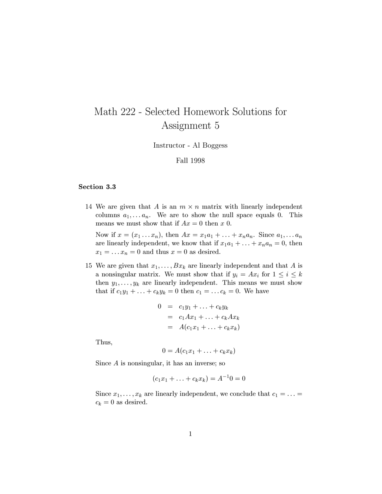 Solutions To Linear Independence Problems In Matrix Algebra Assignments Mathematics Docsity