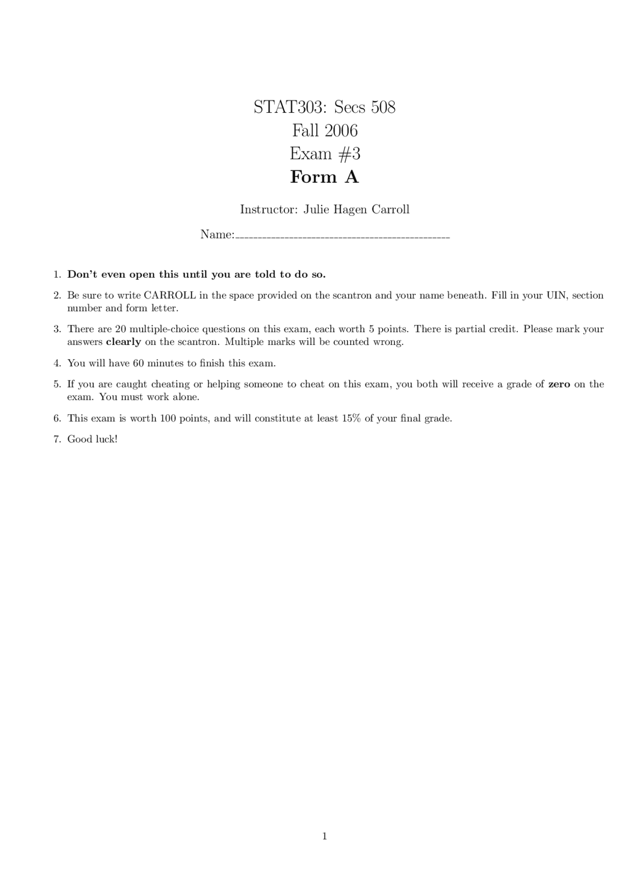 Midterm Exam 3a Questions Statistical Methods Stat 303 Docsity