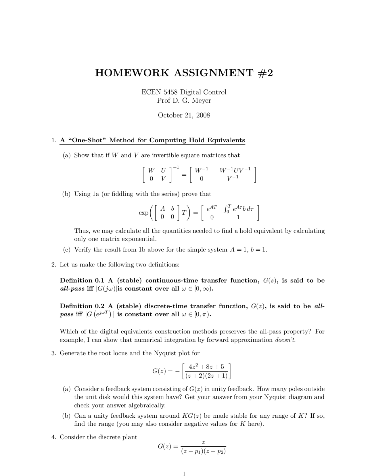 Homework 2 Problem Sampled Data And Digital Control Systems Ecen