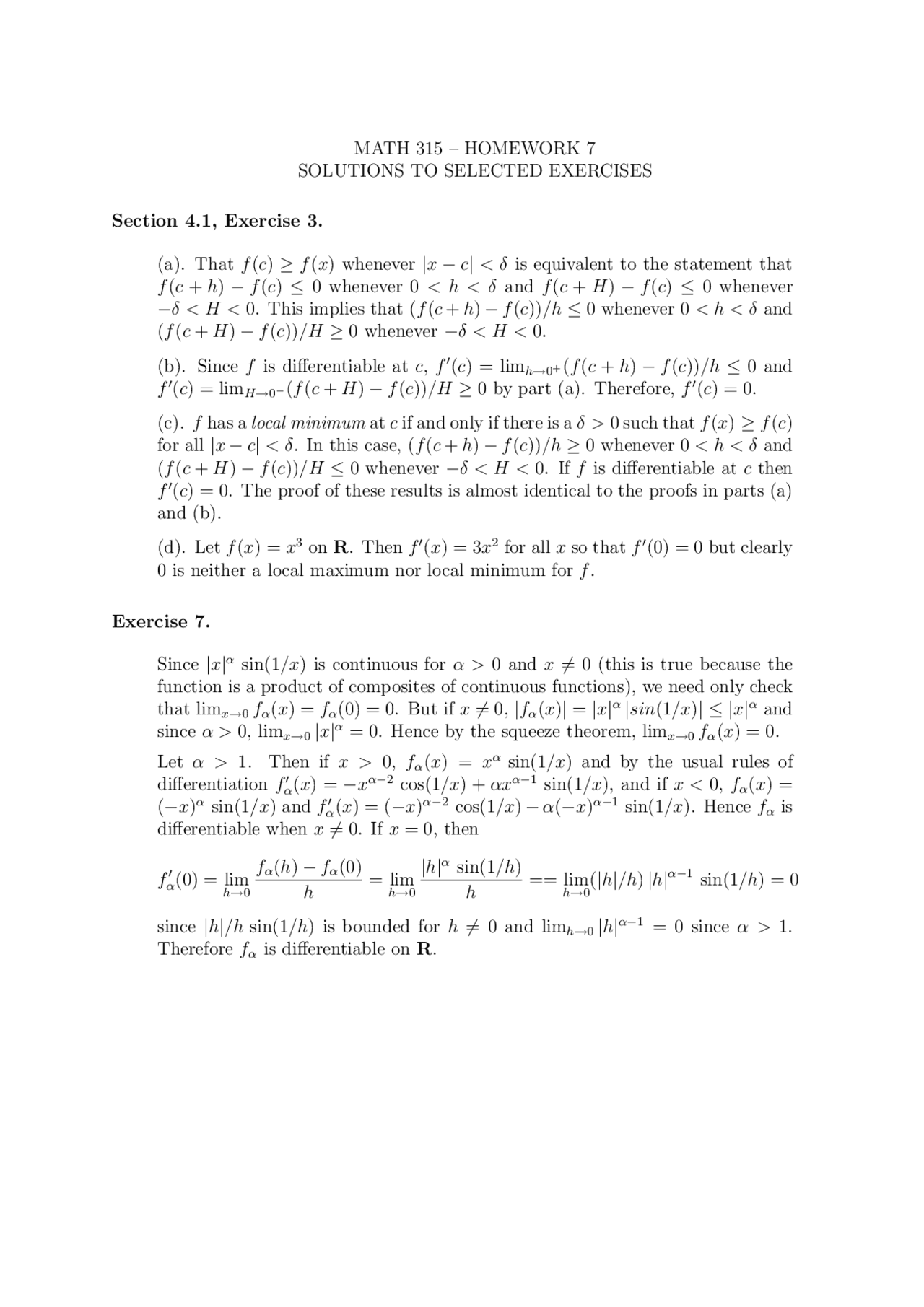 Solutions To Selected Exercises Homework 7 Advanced Calculus I