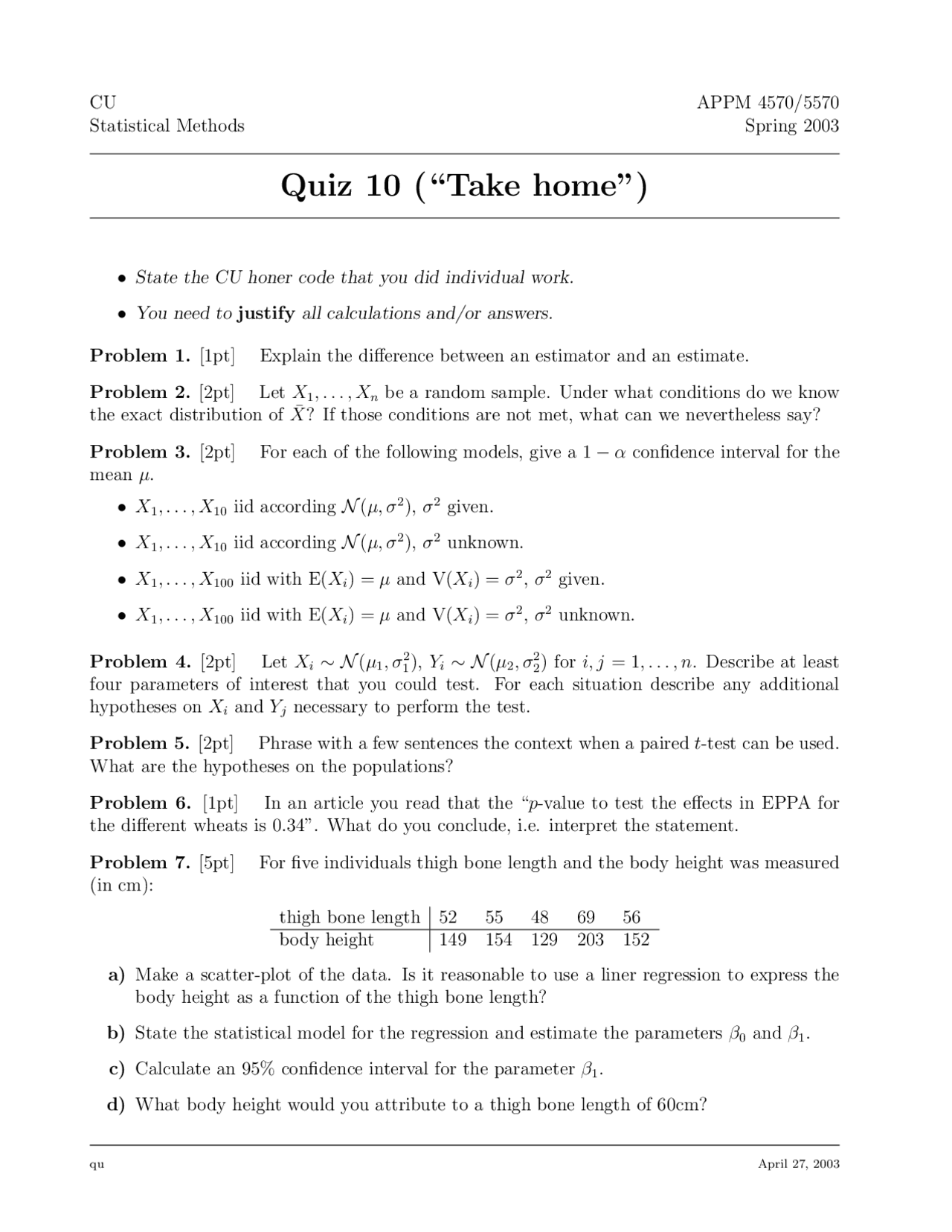 Practice Quiz 10 Statistical Methods Appm 4570 Docsity
