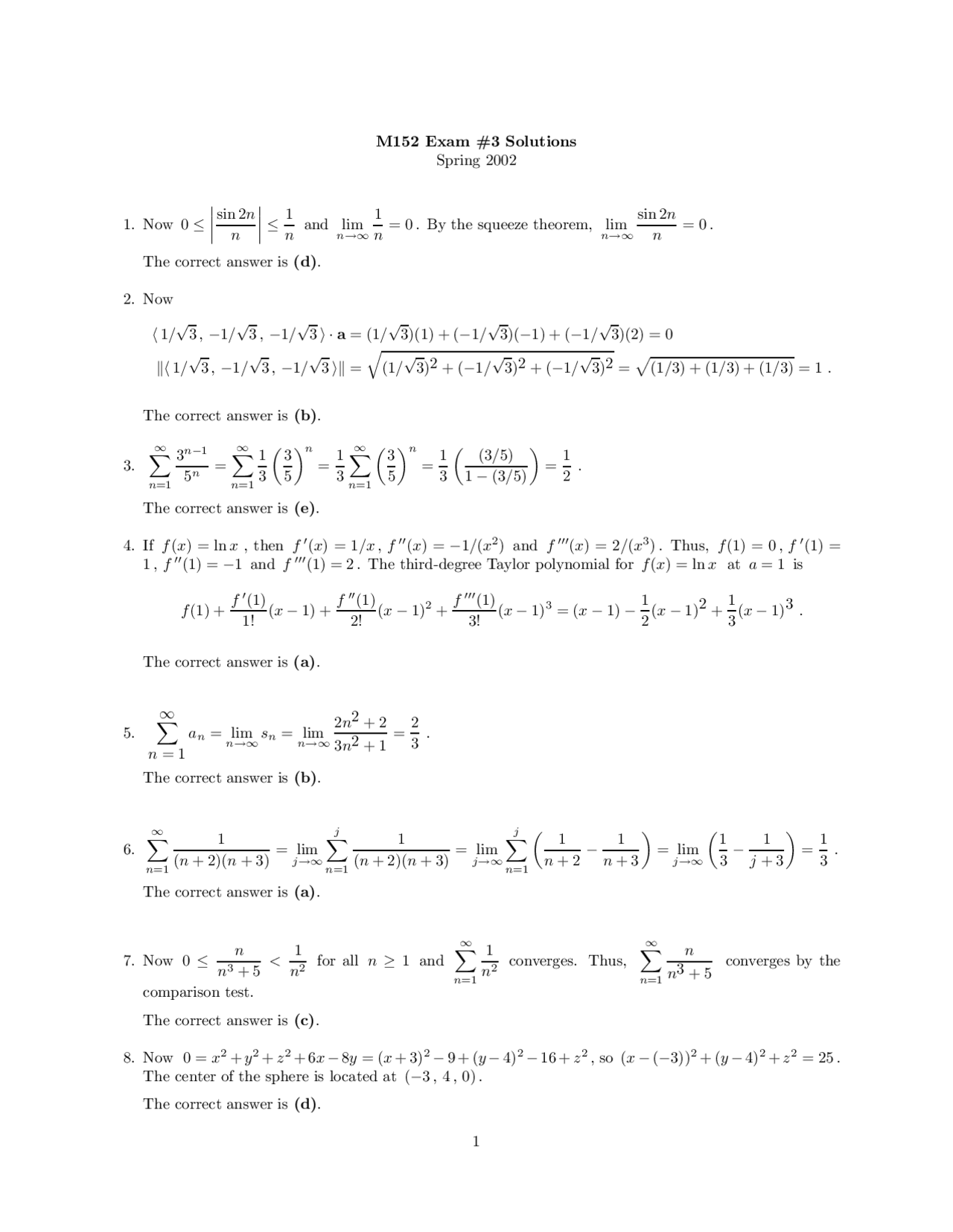 Solution To Exam 3 Honor Engineering Mathematics I Math 152 Exams