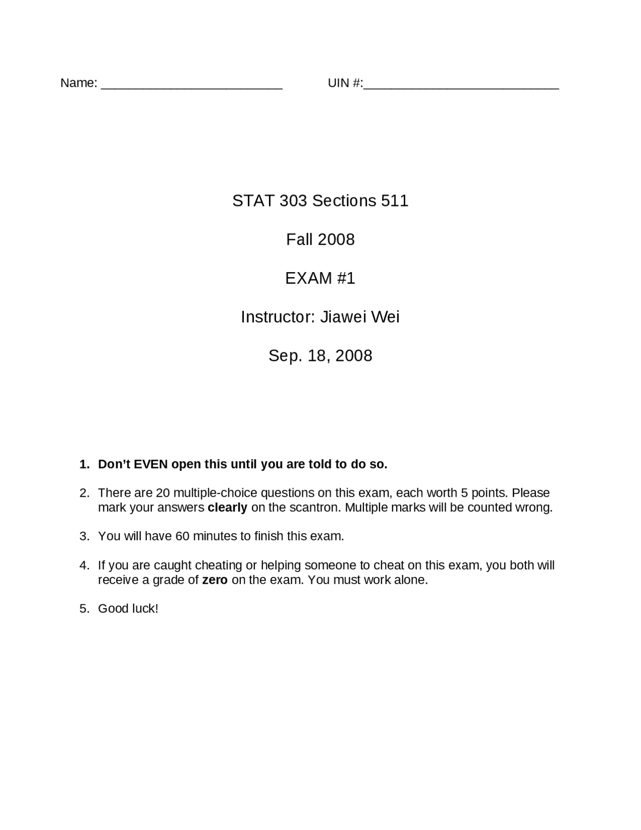 20 Multiple Choice Questions Statistical Methods Exam 1 Stat 303