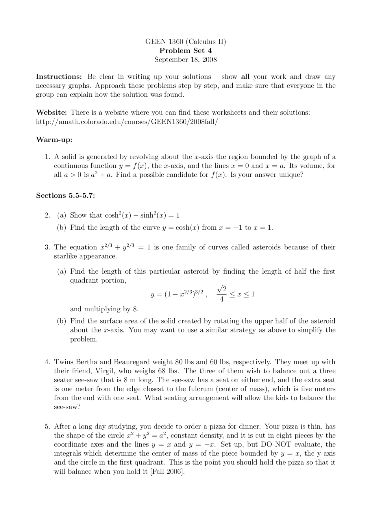 Problem Set 4 - Calculus 2 Work Group | GEEN 1360 - Docsity