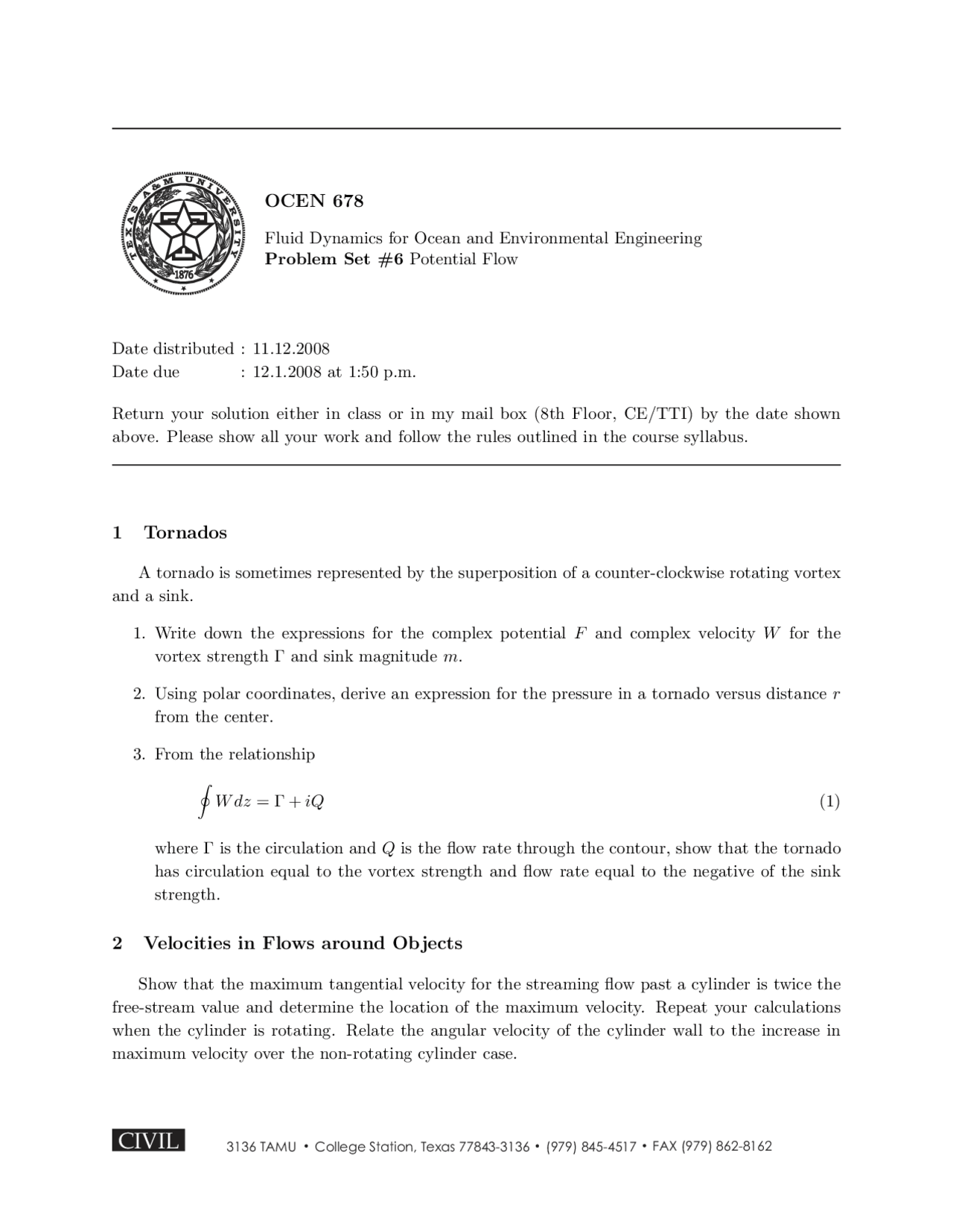 Potential Flow Problem Set 6 Ocen 678 Docsity