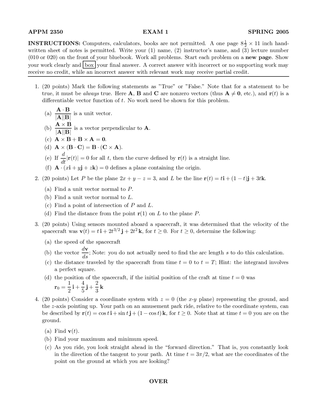 5 Questions On Calculus 3 For Engineers Test 1 Appm 2350 Docsity