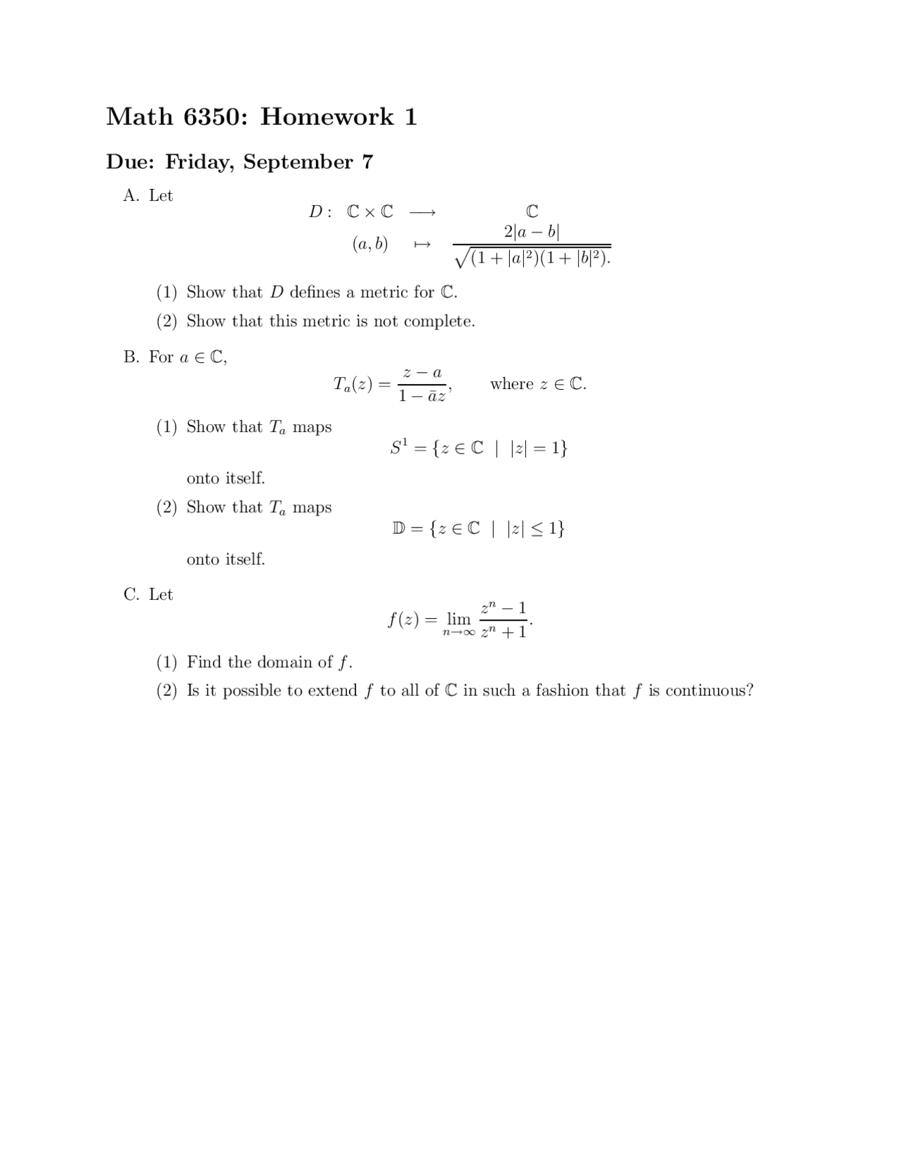 Functions Of A Complex Variable I Sample Homework 1 Math 6350 Docsity