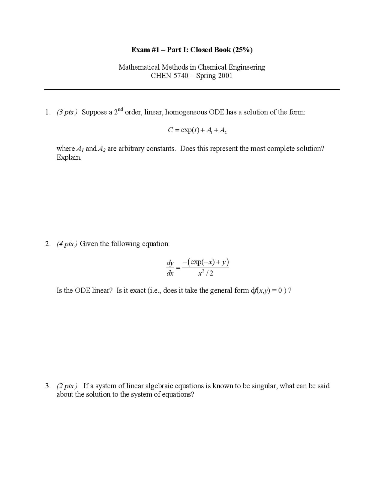 Questions For Exam 1 Analytical Methods In Chemical Engineering