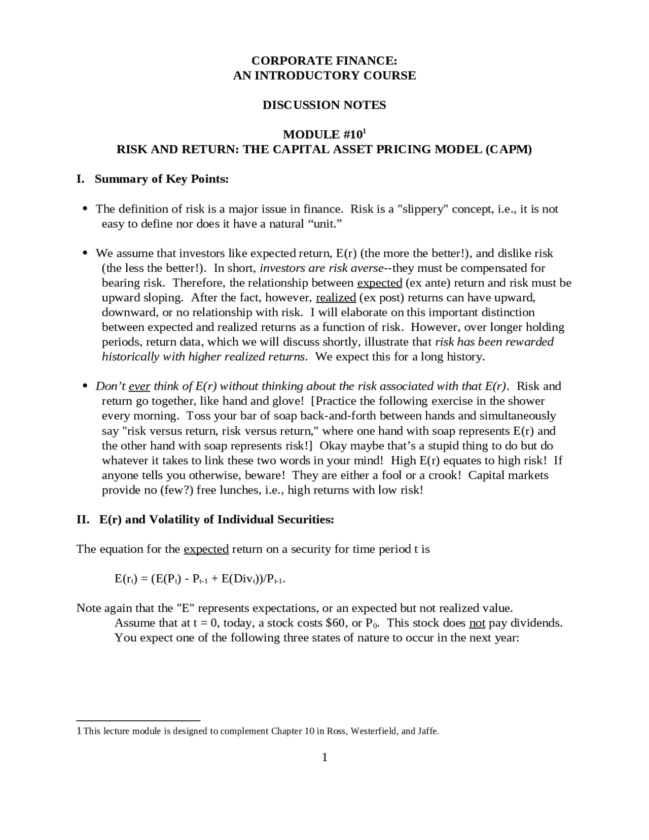 Risk And Return The Capital Asset Pricing Model Module 10 Mbac