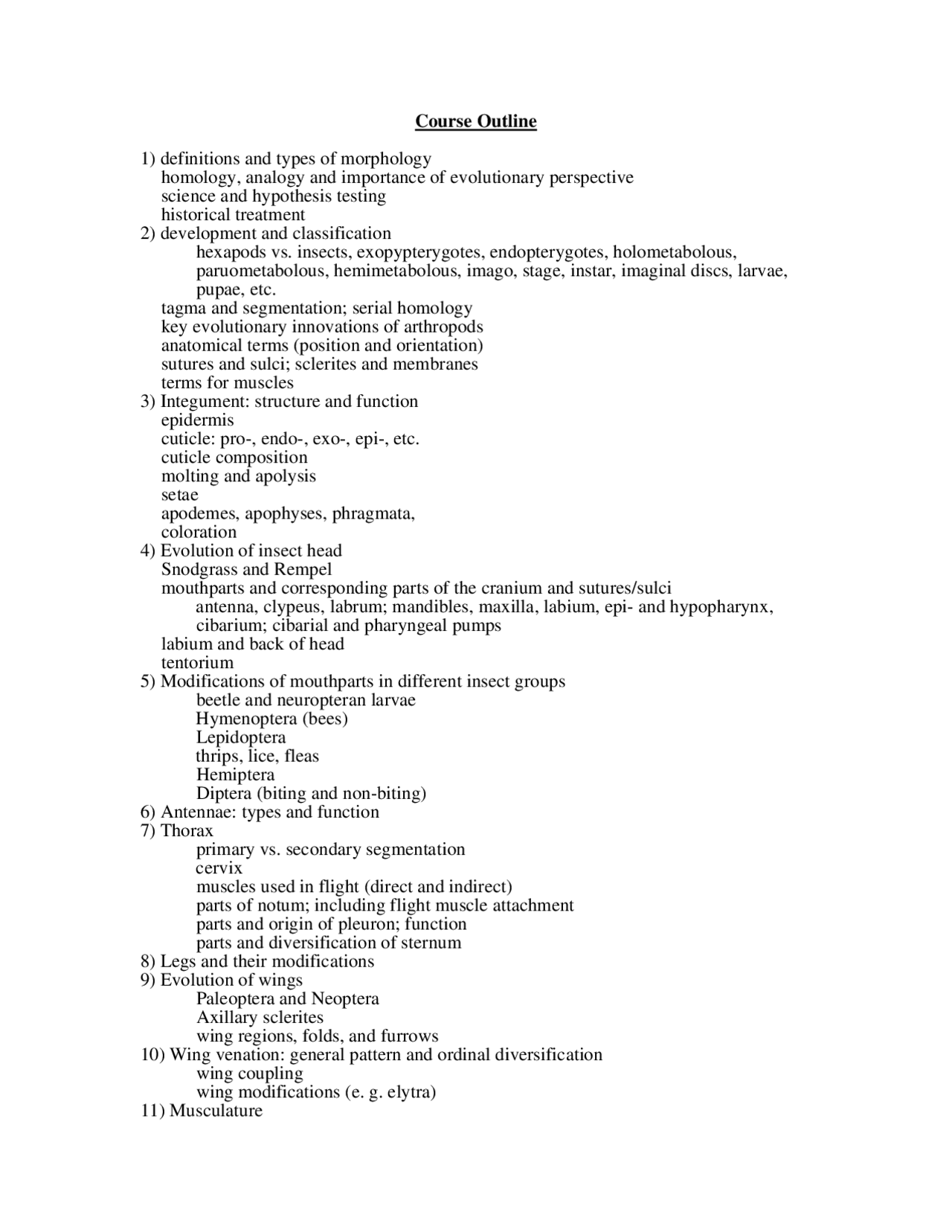 Course Outline Insect Structure And Function Ento 305 Docsity