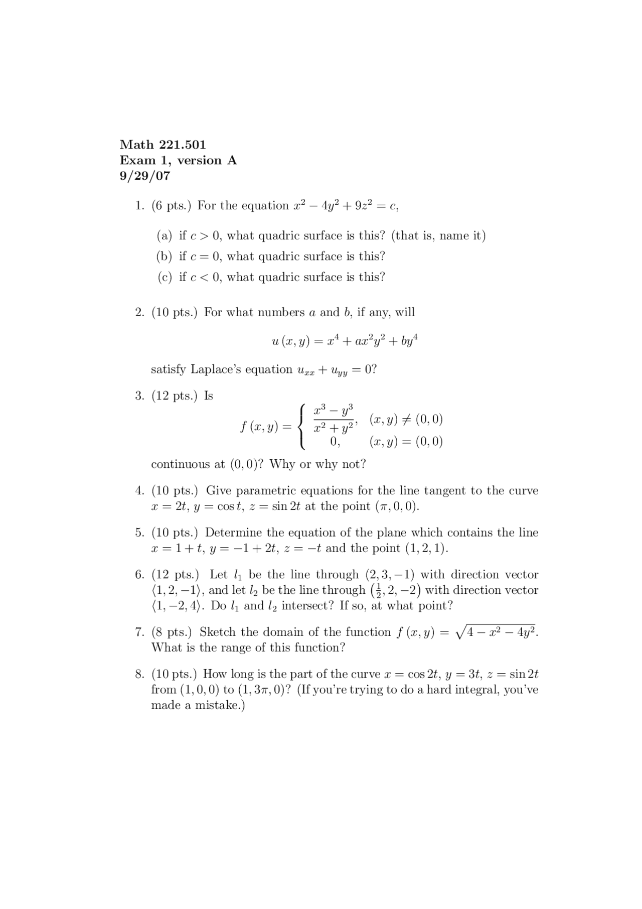 20 Questions Of Several Variable Calculus Exam 1 Math 221 Docsity