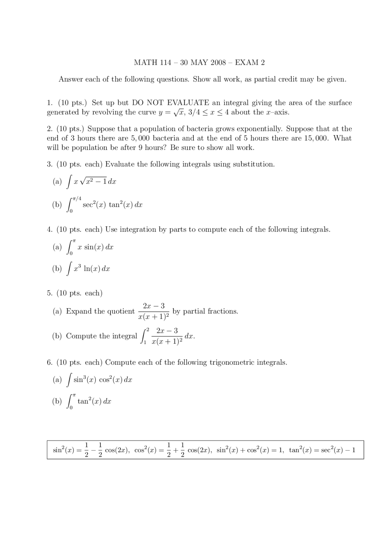 Exam 2 With Questions On The Calculus Math 114 Docsity