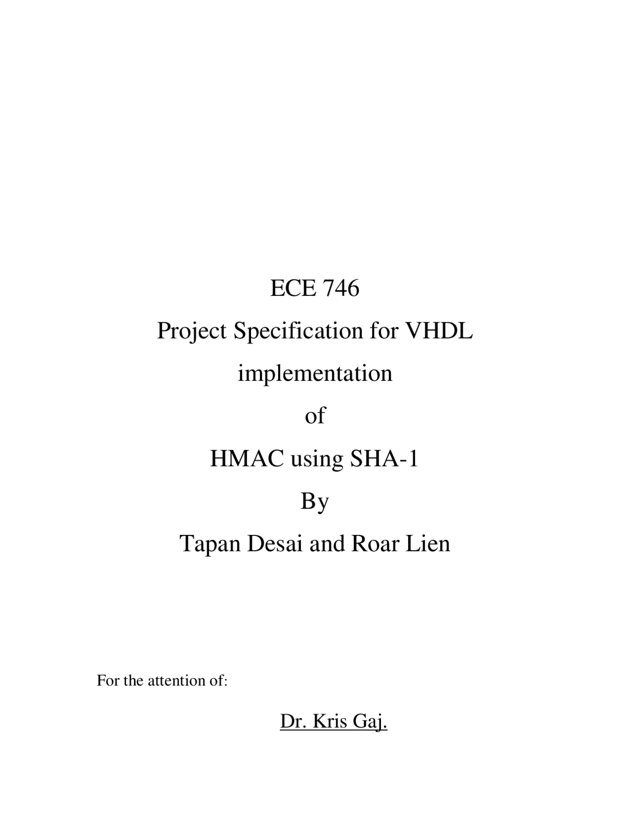 Project Specification for VHDL Implementation | ECE 746 - Docsity
