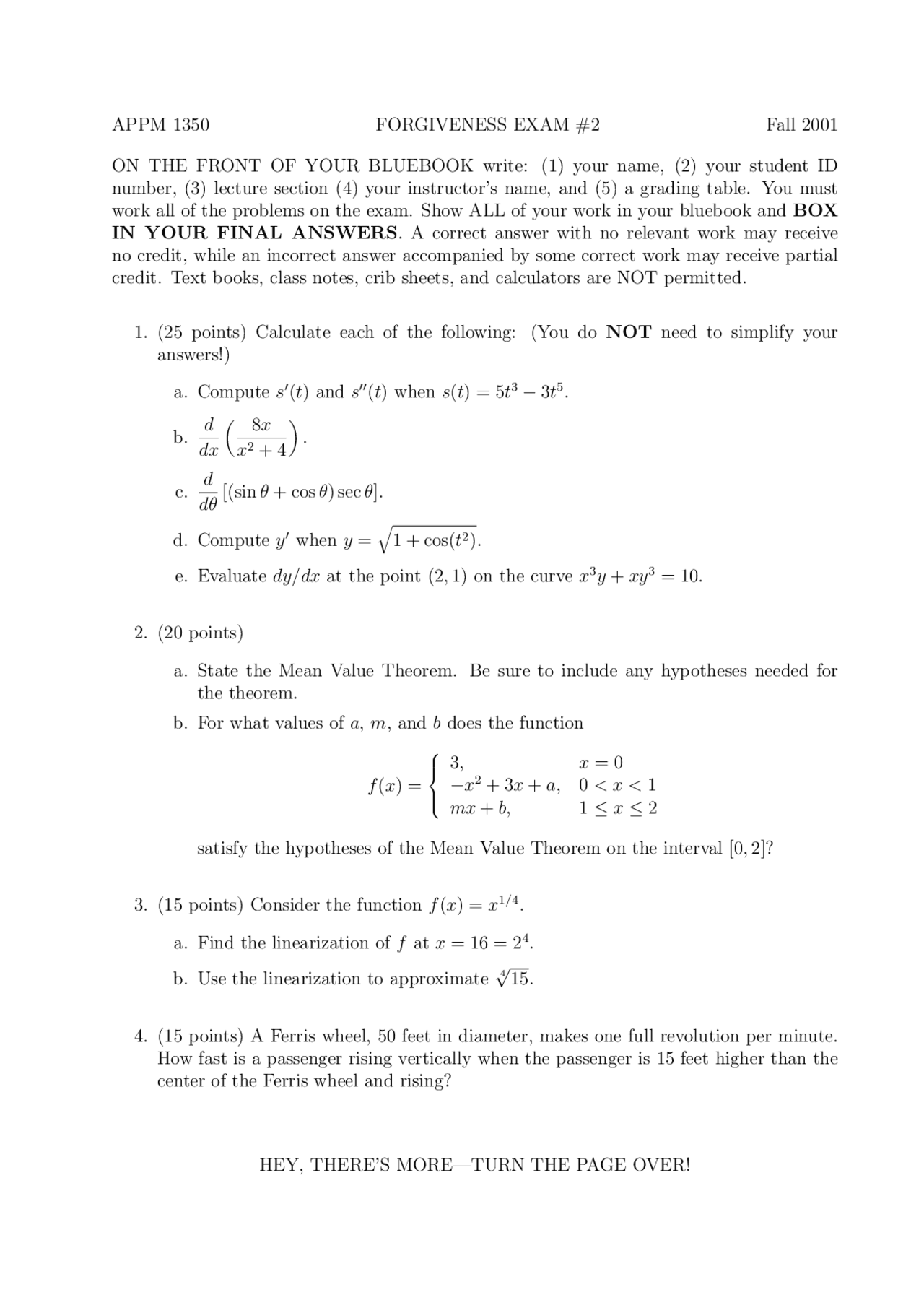 Past Exam 2 Problems Calculus 1 For Engineers Appm 1350 Docsity