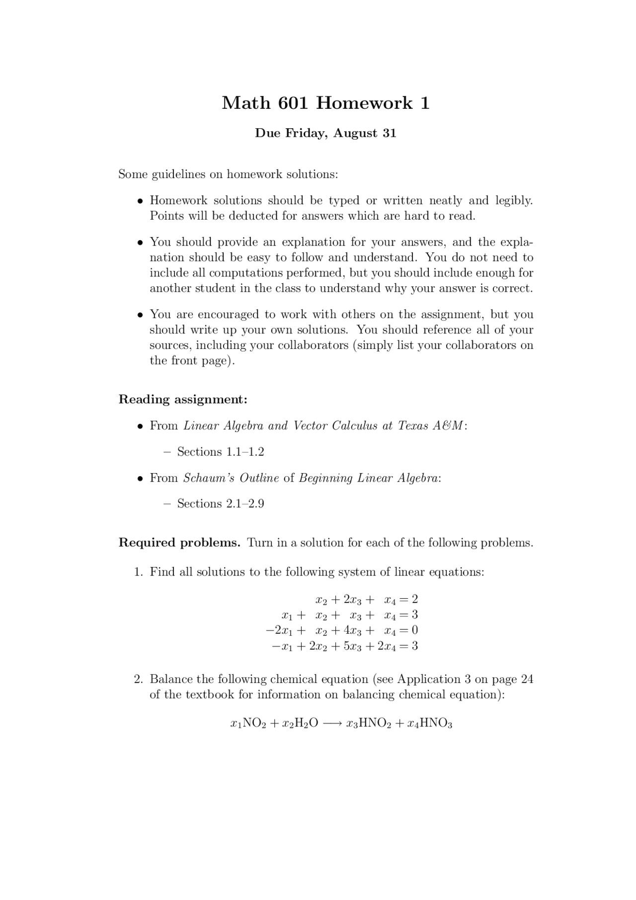 4 Problems On Linear Systems Of Matrix Homework 1 Math 601 Docsity