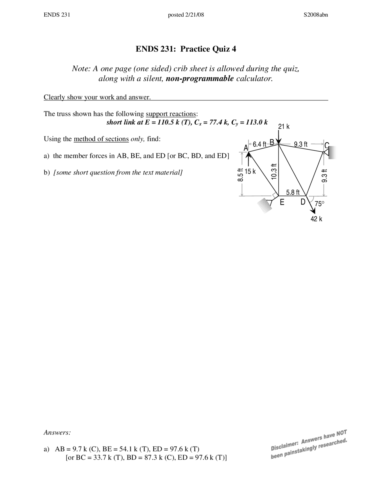Architectural Structures I Solved Practice Quiz 4 Fall 2008 Ends