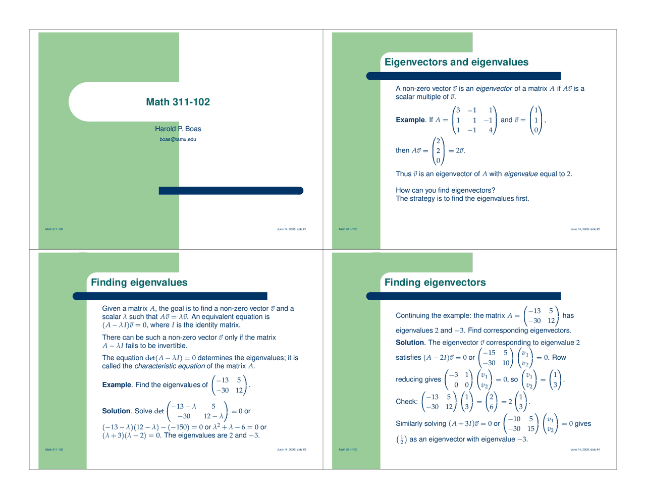 Eigenvectors And Eigenvalues Lecture Slides Math 311 Docsity
