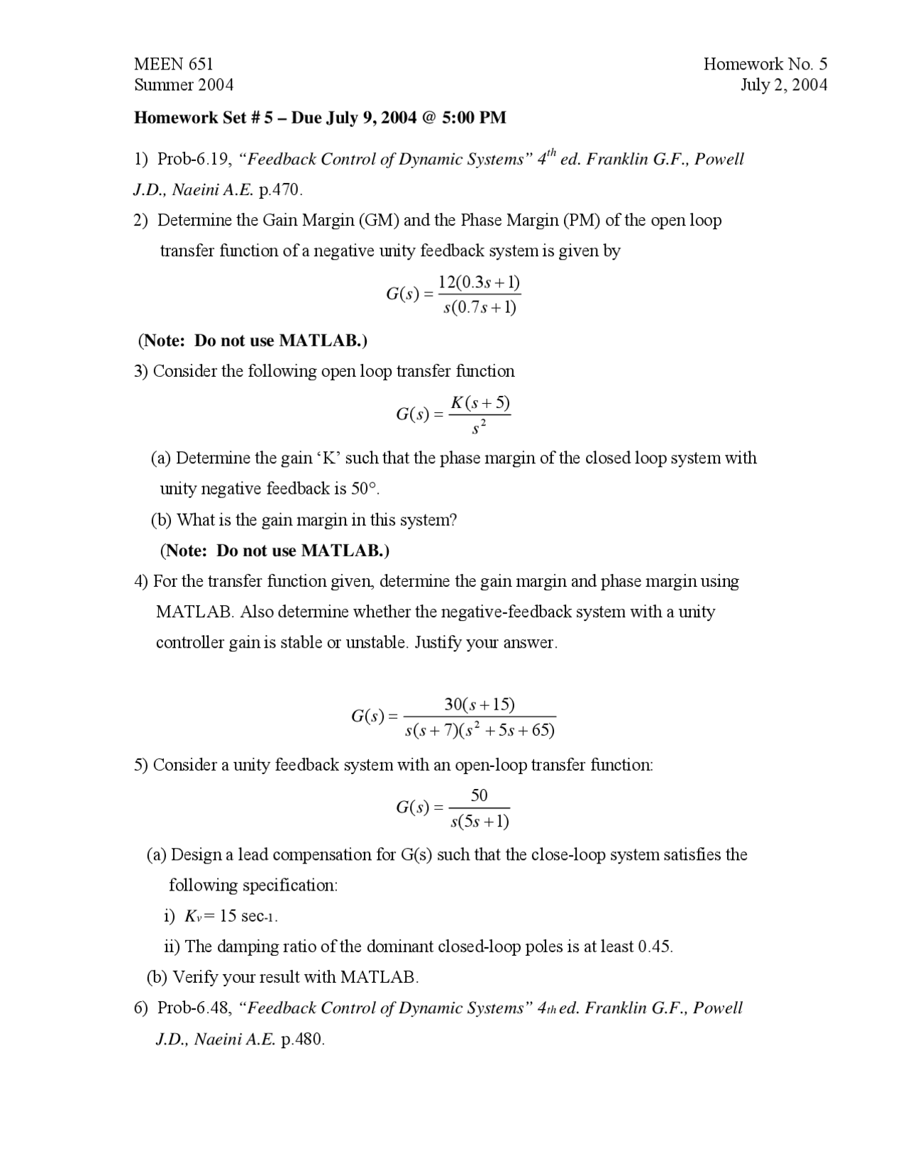 Control System Design Homework Set 5 Meen 651 Docsity