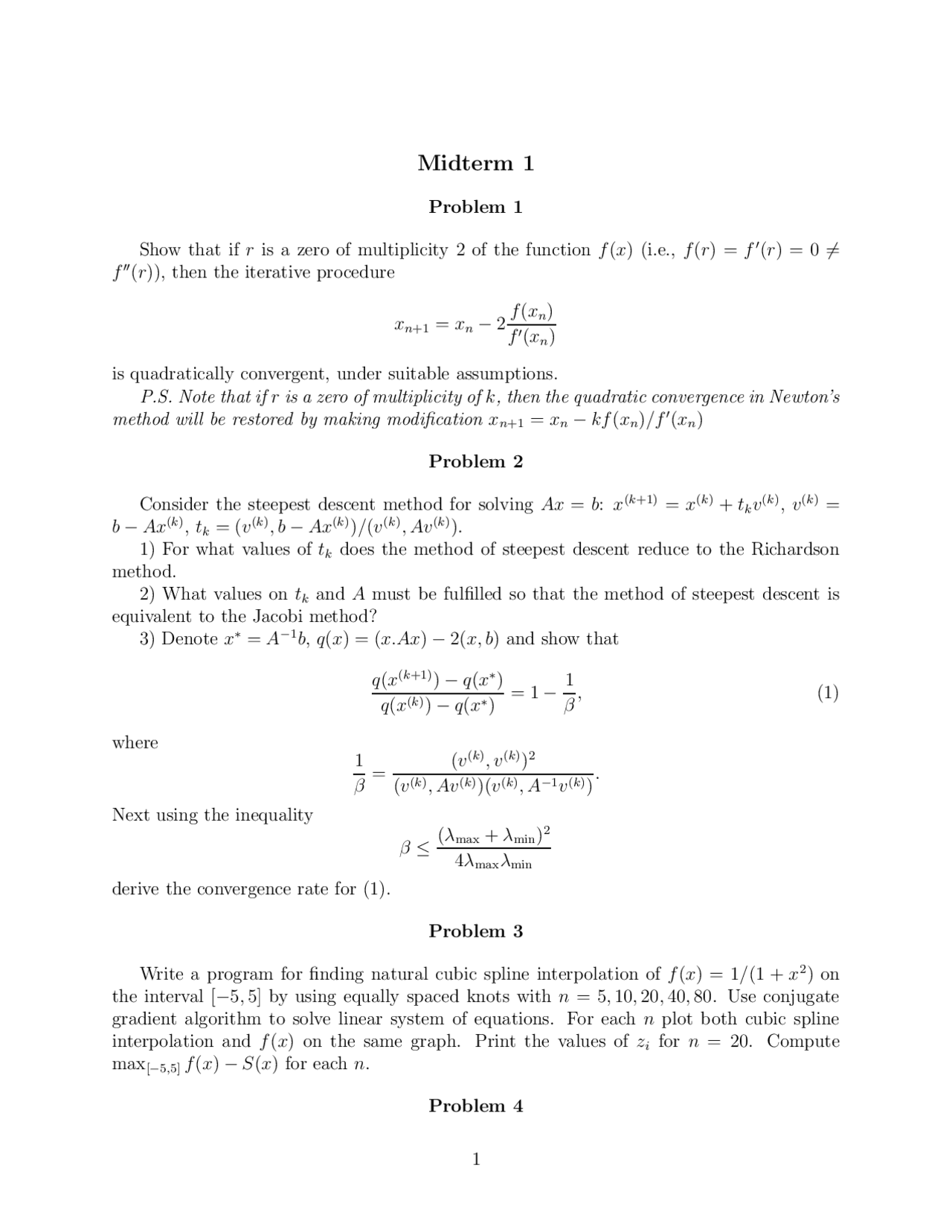 Midterm 1 Problem Set: Quadratic Convergence and Optimization Methods | Exams Mathematical ...