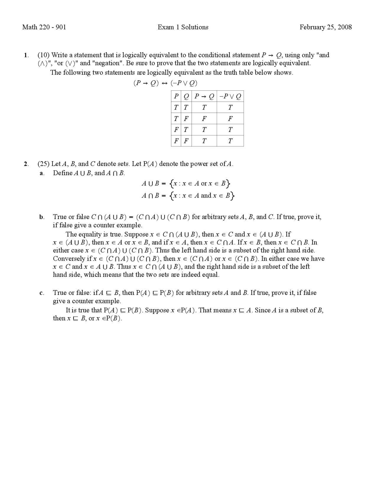 Math 220 Exam 1 Solutions: Logic, Sets, Limits, and Induction - Prof ...